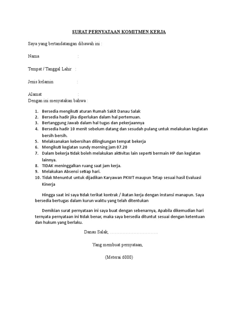 Surat Pernyataan Komitmen Kerja | PDF