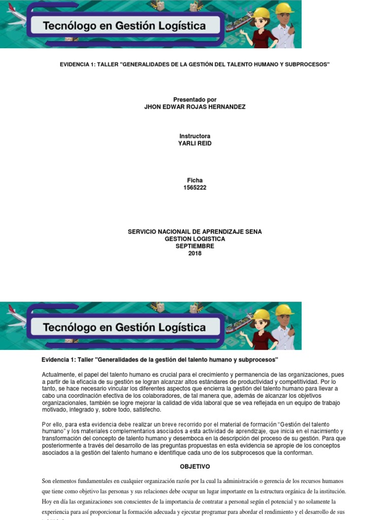 Evidencia 1 Taller Generalidades de La Gestion Del Talento Humano y Subprocesos | PDF | Gestión ...