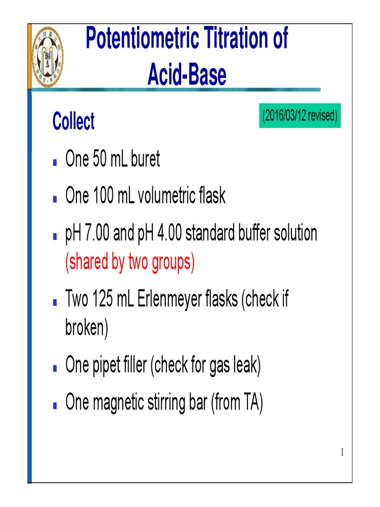 Potentiometric Titration of Acid Base en | PDF | Ph | Titration
