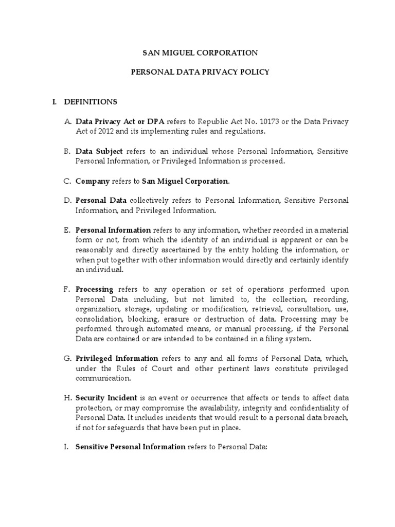 San Miguel Corporation Personal Data Privacy Policy | PDF | Personally Identifiable Information ...