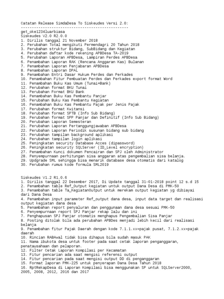 Catatan Release Siskeudes | PDF