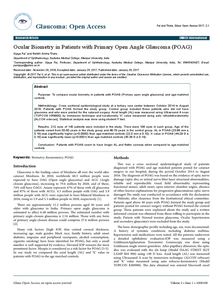 Ocular Biometry in Patients With Primary Open Angle Glaucoma Poag | PDF ...