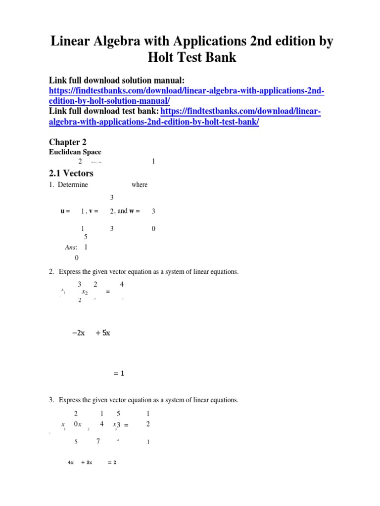Linear Algebra With Applications 2nd Edition by Holt Test Bank | PDF ...