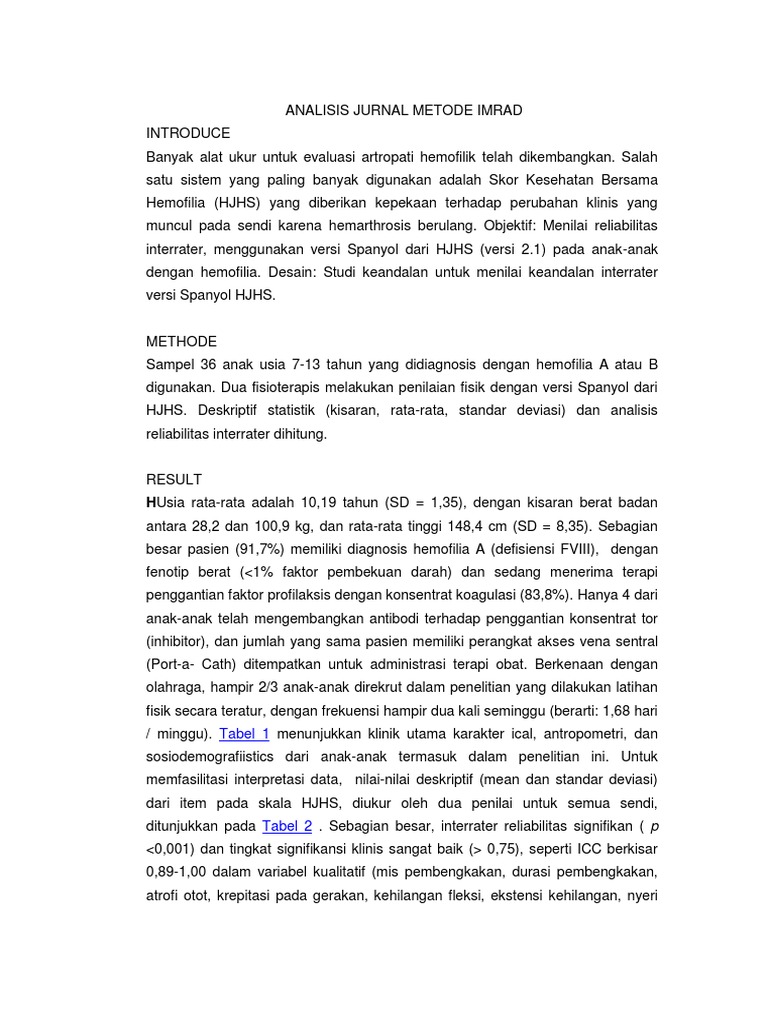 ANALISIS JURNAL METODE IMRAD Hemofilia | PDF