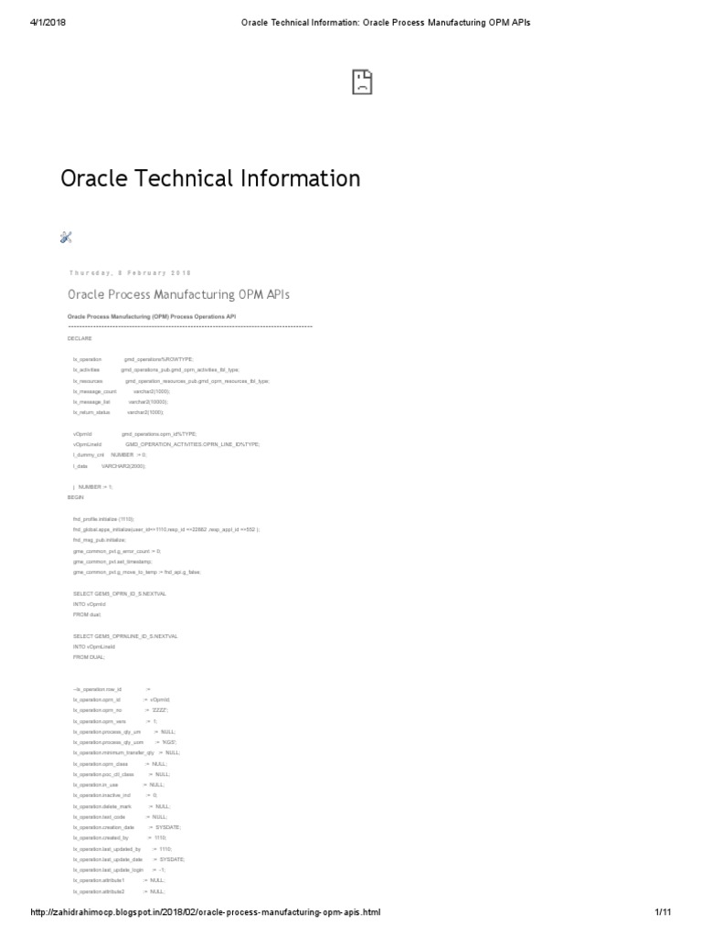 Oracle Technical Information - Oracle Process Manufacturing OPM APIs | PDF