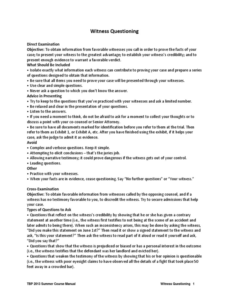 Witness Questioning Strategies | PDF | Witness Impeachment | Relevance ...