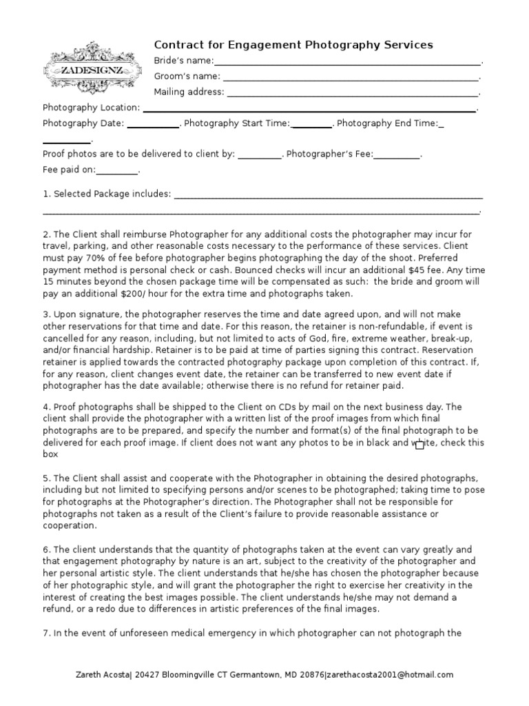 Zadesignz Engagement Contract | PDF | Fee | Photograph