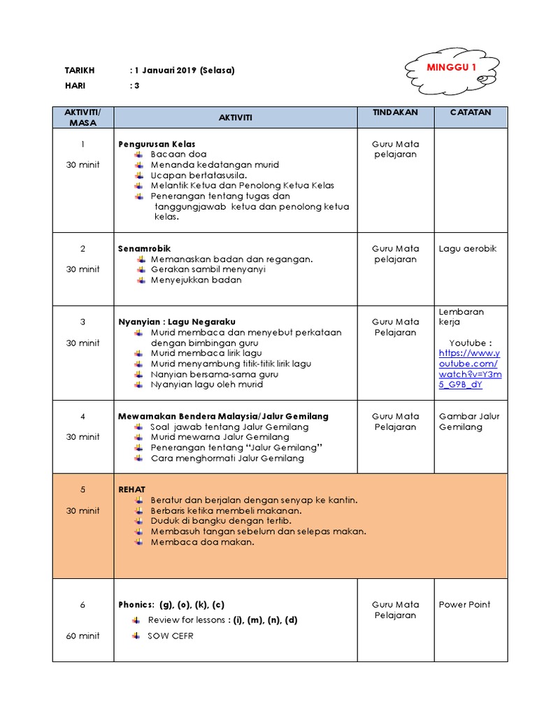 Jadual Minggu 1 Program Transisi Tahun 1 | PDF