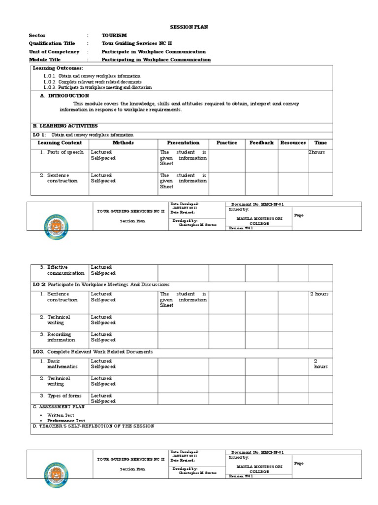 Tour Guiding Services NC Ii-Session Plan | Download Free PDF | Hygiene ...