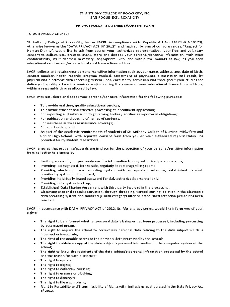 Privacy Policy Statement/Consent Form | PDF | Information Sensitivity ...