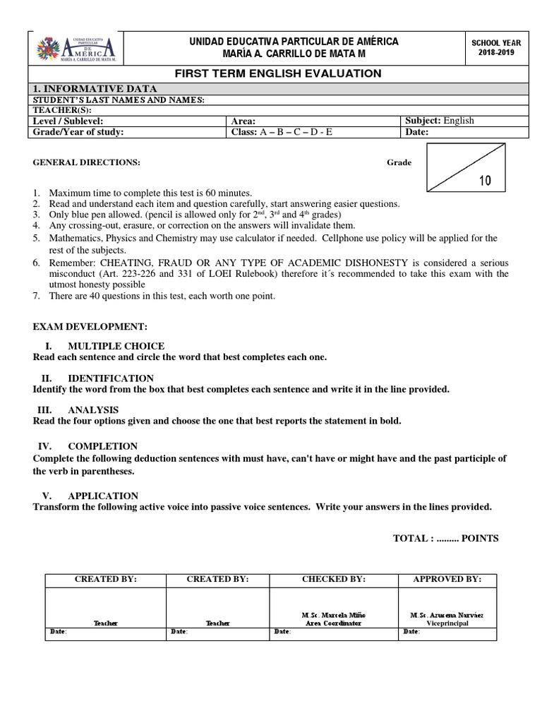 First Term Exam Format | PDF | Test (Assessment) | Learning