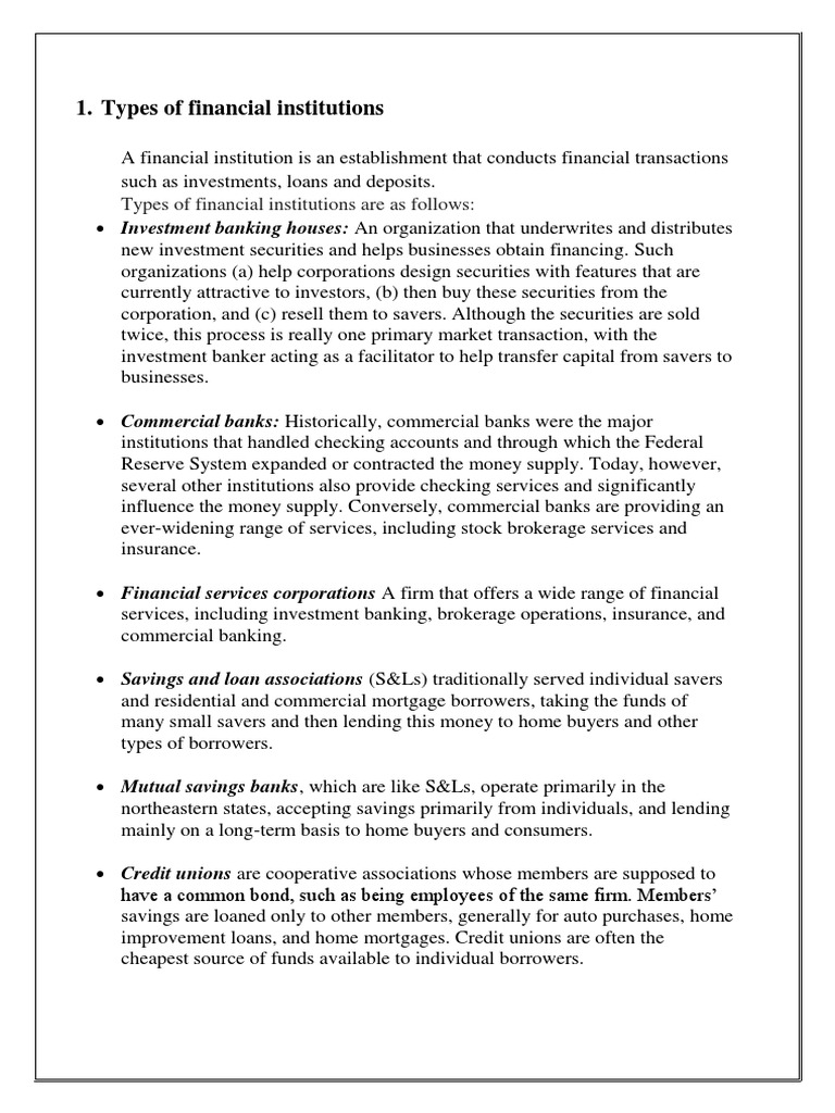 Types of Financial Institutions | PDF | Financial Markets | Mutual Funds