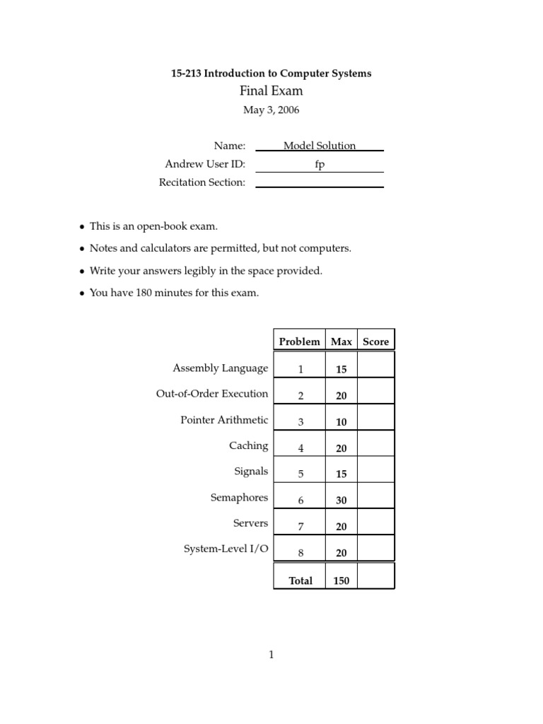 Final Exam: 15-213 Introduction To Computer Systems | PDF | Pointer (Computer Programming ...
