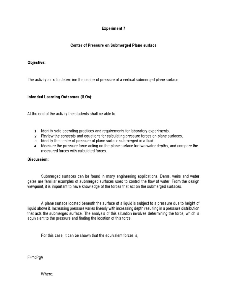 Center of Pressure on Submerged Plane | PDF | Pressure | Plane (Geometry)