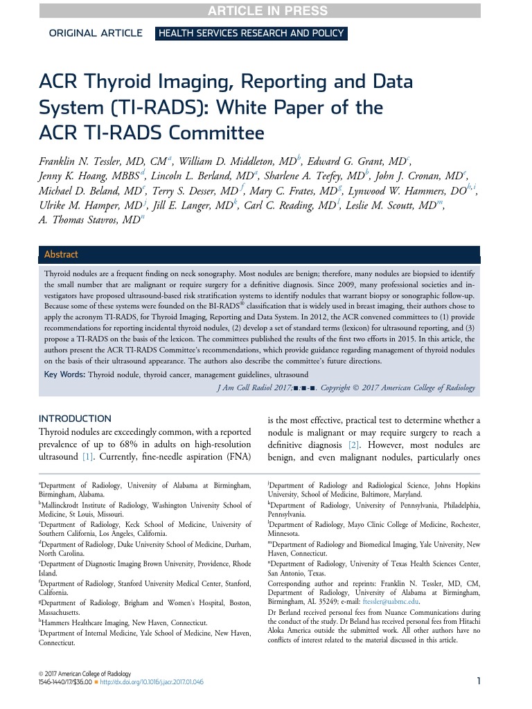 ACR Thyroid Imaging, Reporting and Data 2018 Tessler | PDF | Medical ...