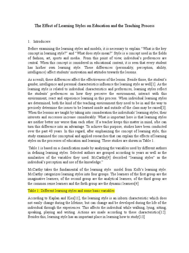 The Effect of Learning Styles On Education and The Teaching Process ...