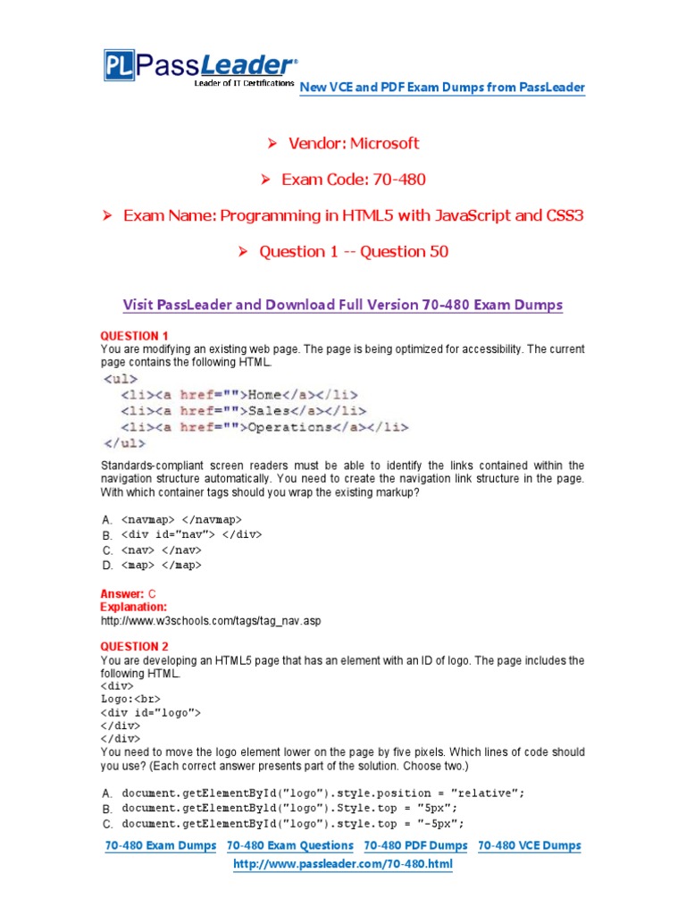 Vendor: Microsoft Exam Code: 70-480 Exam Name: Programming in Html5 ...