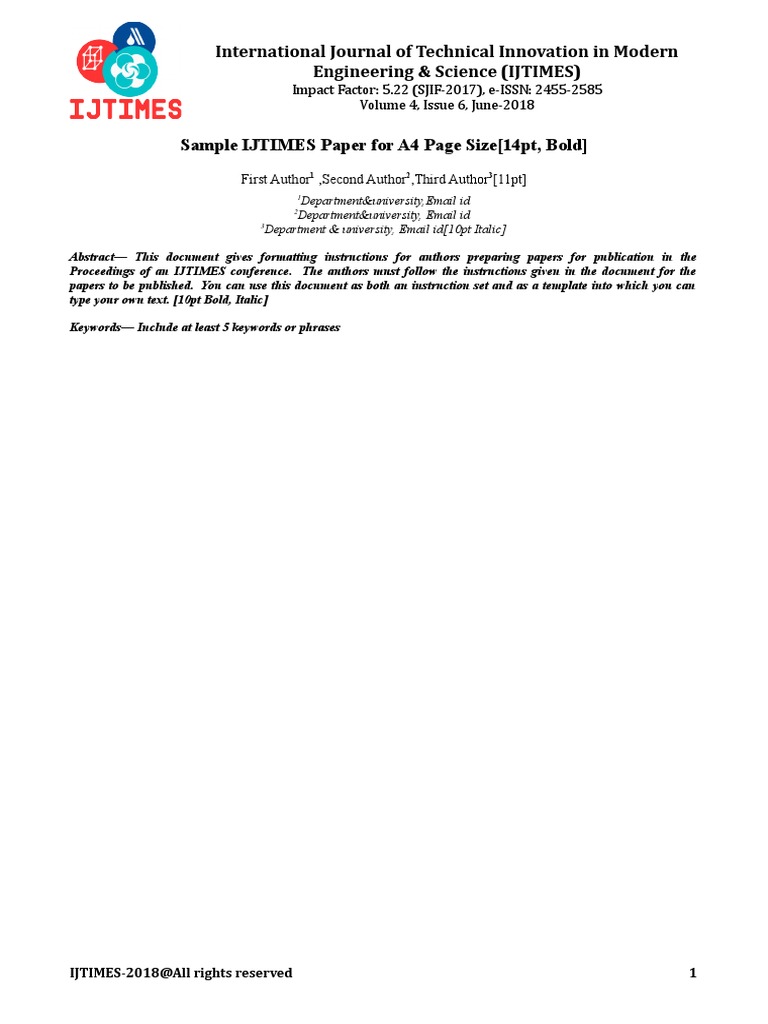 IJTIMES Paper Formatting Guidelines | PDF | Typefaces | Times New Roman