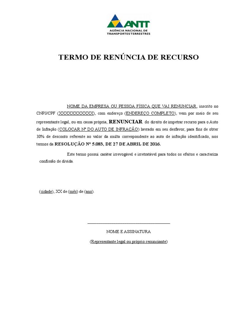 Termo de renúncia de recurso para desconto de multa | PDF Termo de renúncia de recurso para desconto de multa | PDF