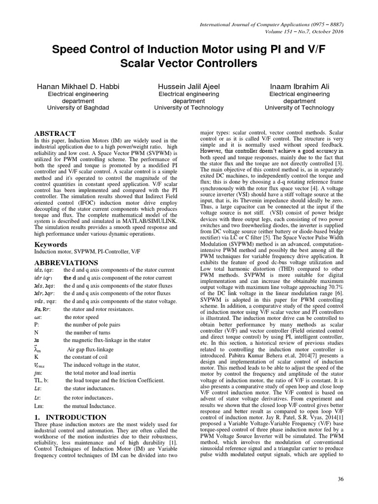Speed Control of Induction Motor Using PI and V/F Scalar Vector ...