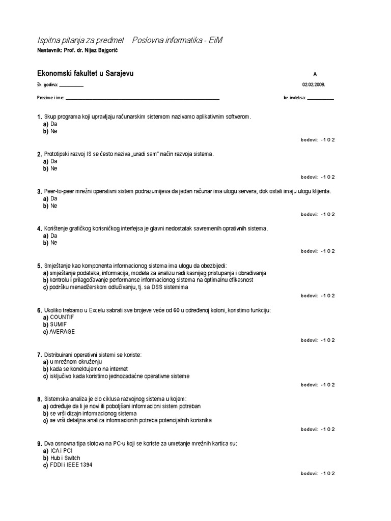 Ispitna Pitanja Za Predmet Poslovna Informatika - Eim: Ekonomski ...