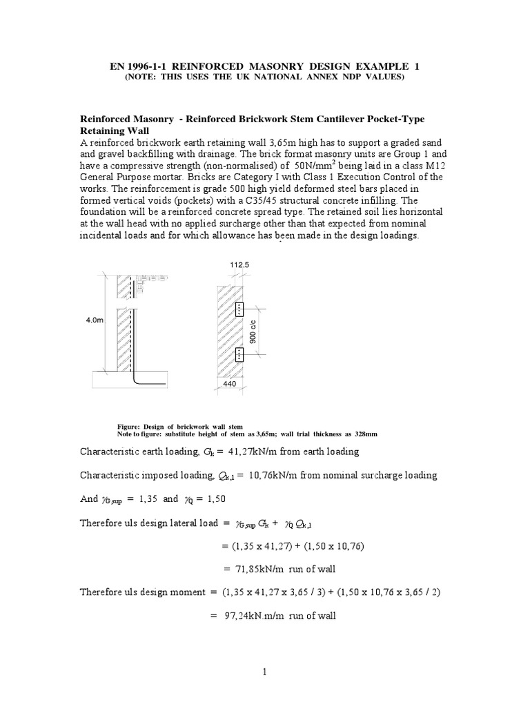En 1996-1-1 Reinforced Masonry Design Example 1: (Note: This Uses The ...