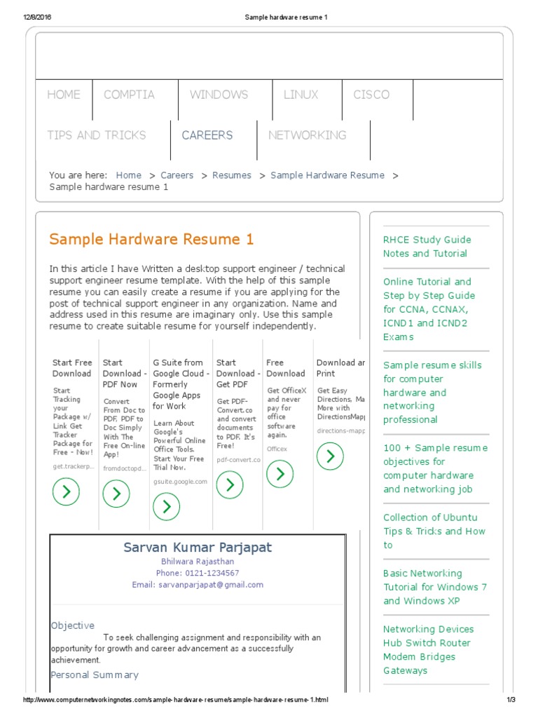 Sample Hardware Resume 1: Home Comptia Windows Linux Cisco Tips and ...