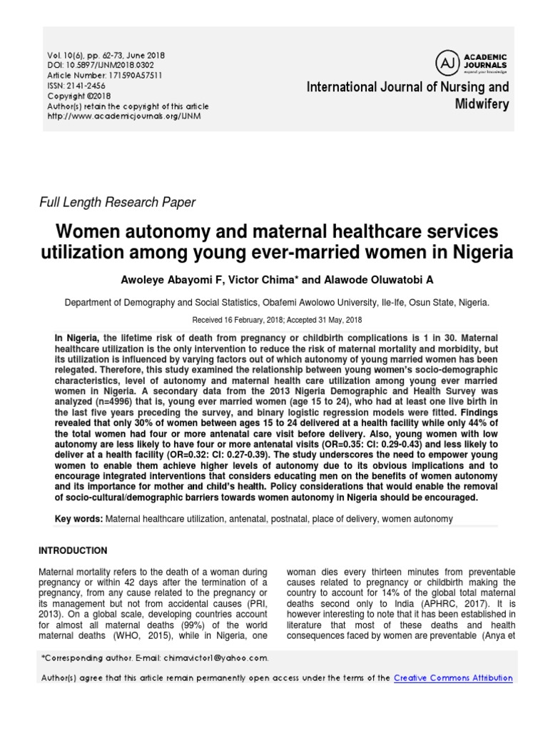 Women Autonomy and Maternal Healthcare Services Utilization Among Young ...