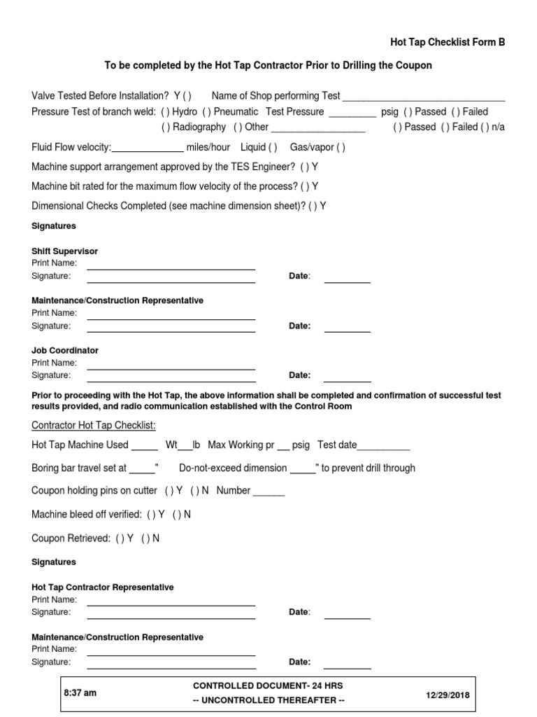 Hot Tap Checklist Form B To Be Completed by The Hot Tap Contractor ...