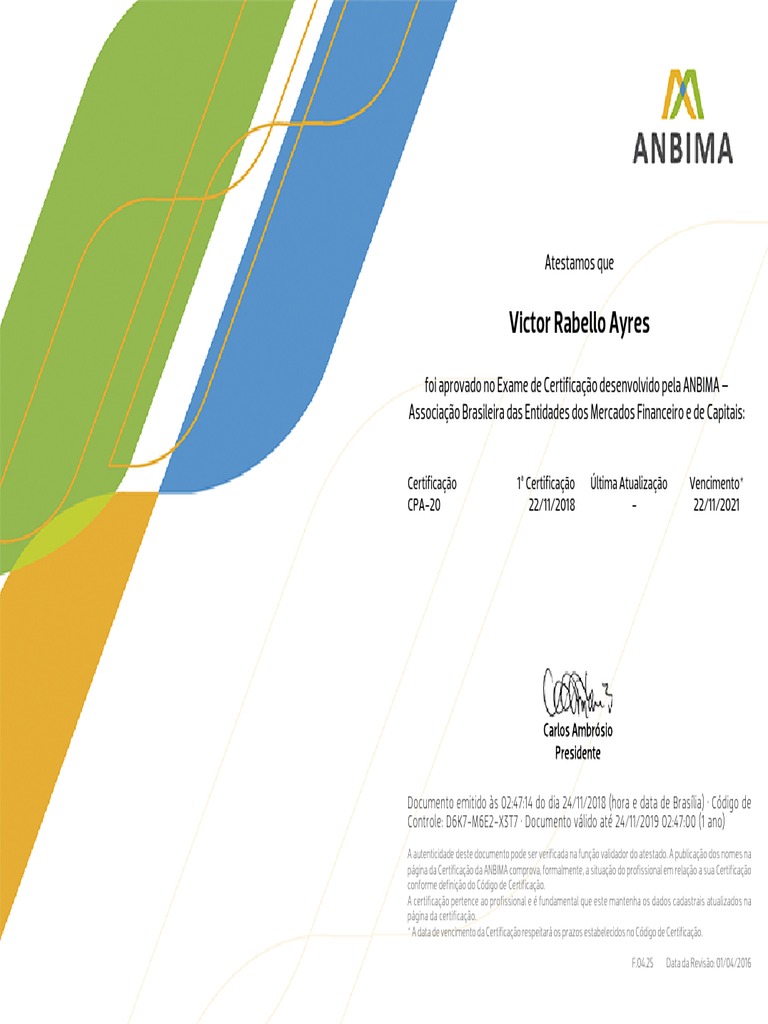 Certificado - ANBIMA - CPA-20 | PDF