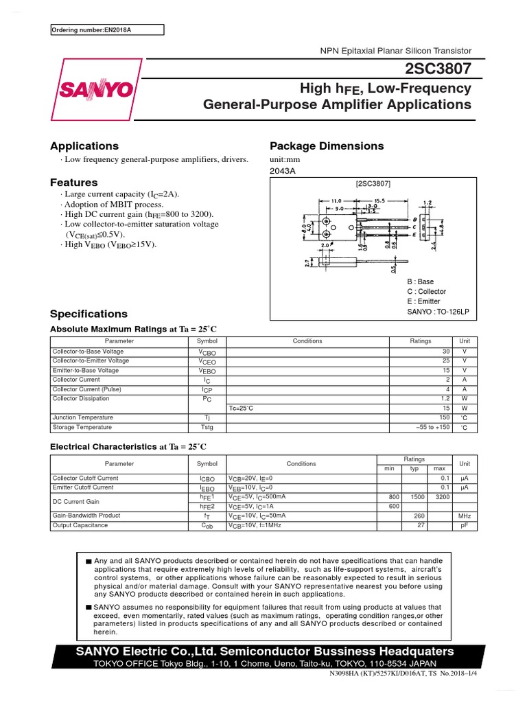 2SC3807 Transistor Datasheet | PDF | Electricity | Electromagnetism