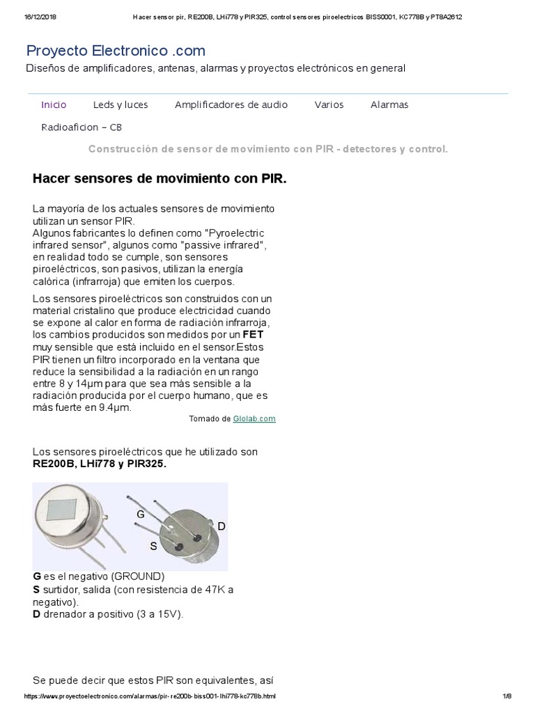 Hacer Sensor Pir, RE200B, LHi778 y PIR325, Control Sensores Piroelectricos BISS0001, KC778B y ...