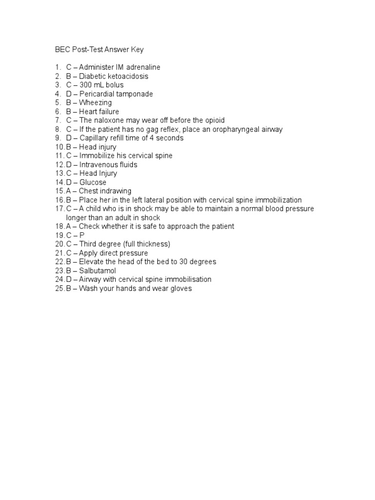 BEC Post-Test Answer Key 2 | PDF | Shock (Circulatory) | Diseases And ...