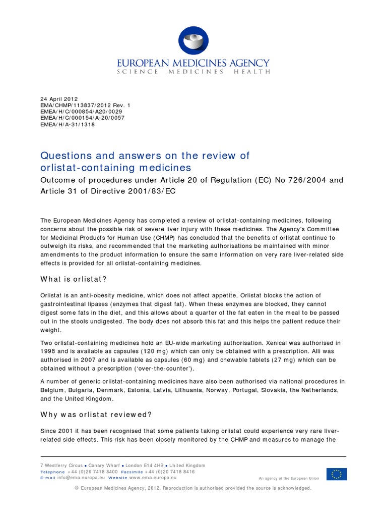 Questions and Answers On The Review of Orlistat-Containing Medicines ...