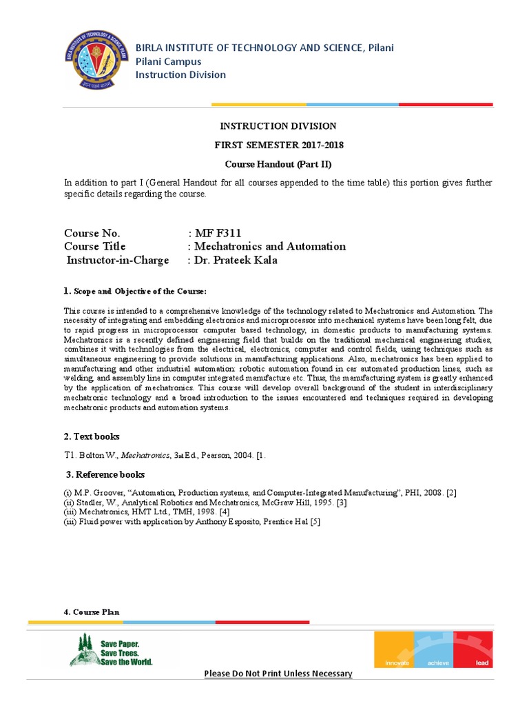 Mechatronics Course Overview at BITS Pilani | PDF | Mechatronics ...