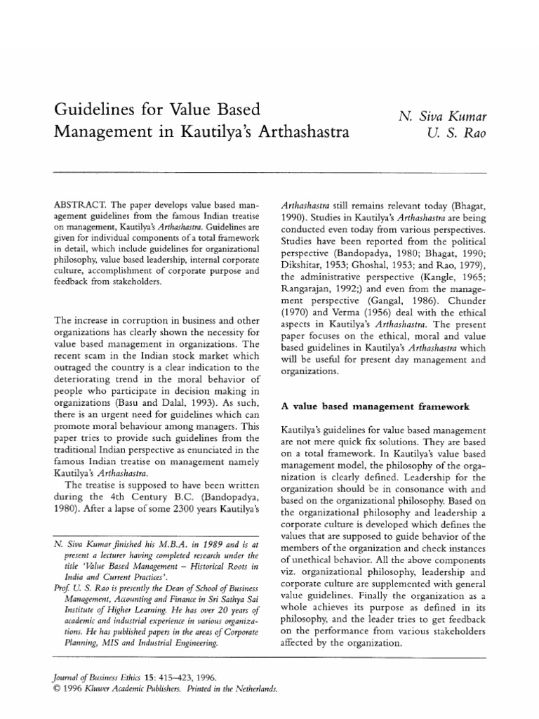 Guidelines For Value Based Management in Kautilya's Arthashastra | PDF | Leadership ...