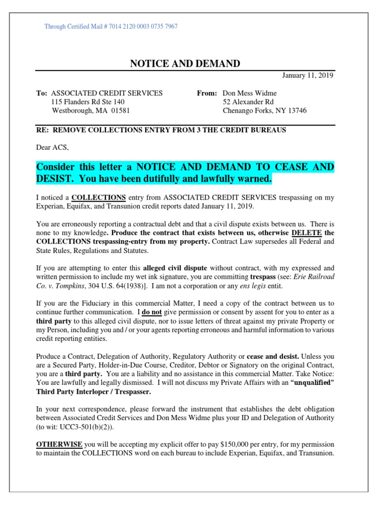 Remove Collections Entry!!! - Letter To Debt Collector | PDF | Credit ...