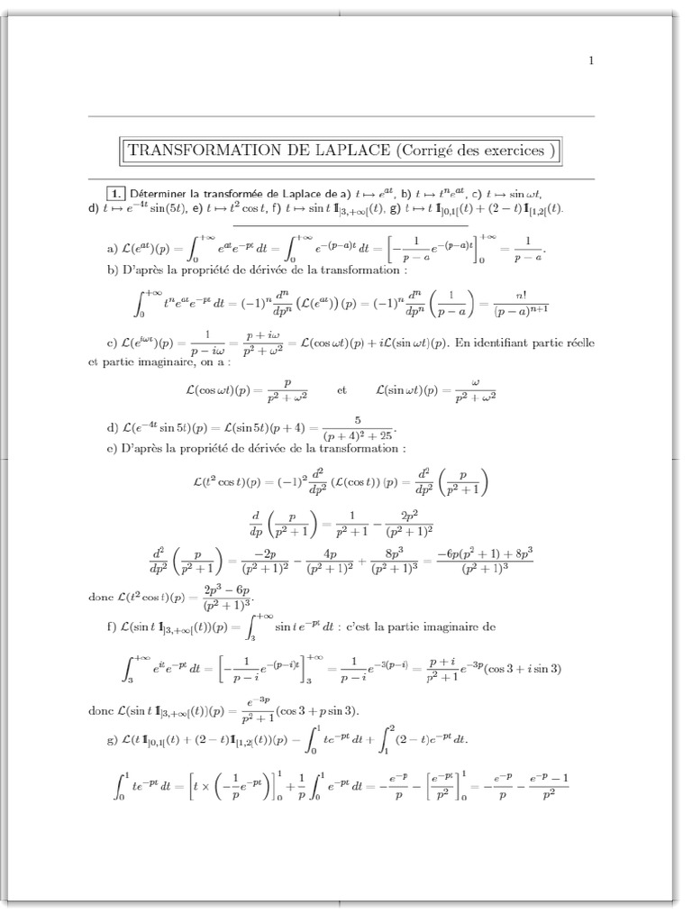 Transformation de Laplace (Corrigé Des Exercices) PDF | PDF | Functional Analysis | Differential ...