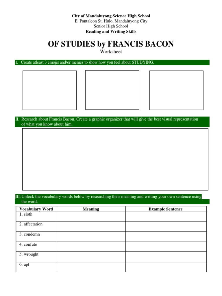Of Studies by Francis Bacon: Worksheet | PDF | Philosophical Movements ...