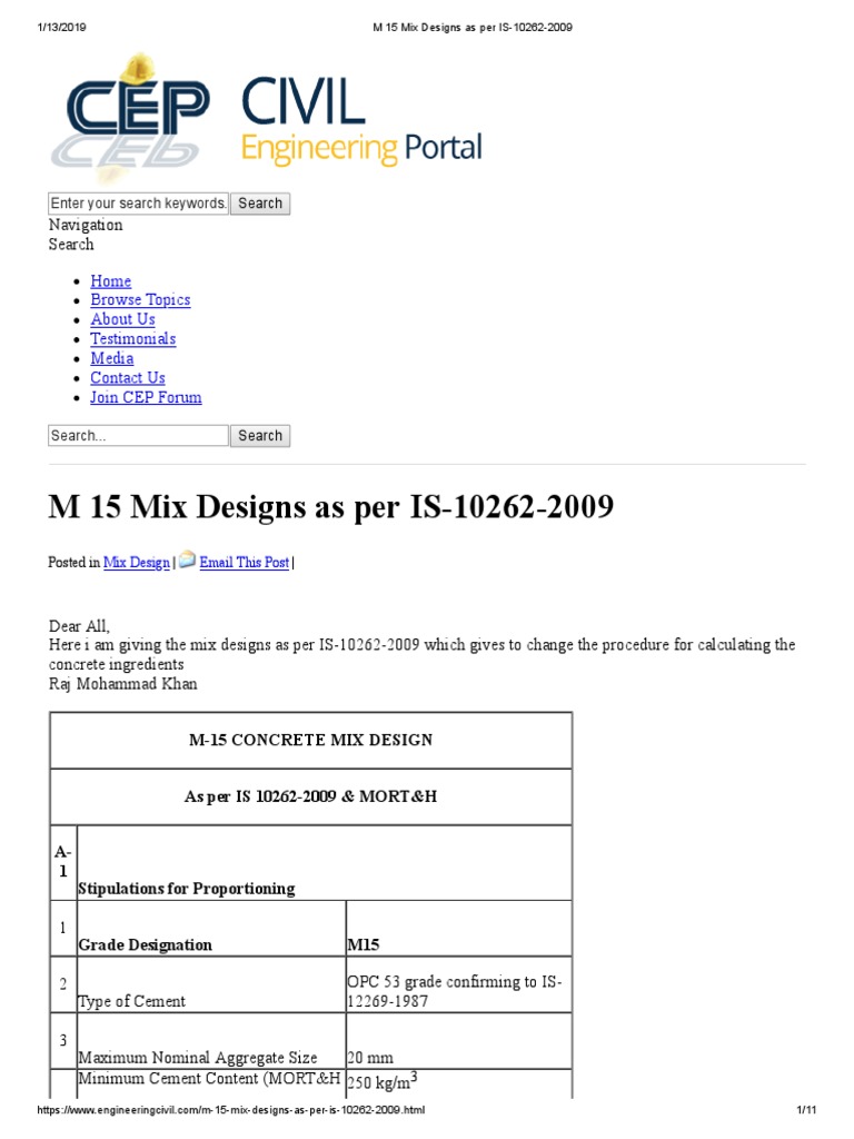 M 15 Mix Designs As Per Is-10262-2009 | PDF | Concrete | Civil Engineering