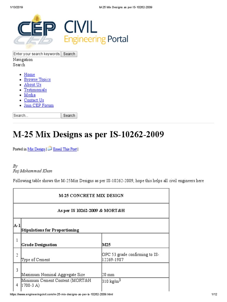 M-25 Concrete Mix Design IS-10262-2009 | PDF | Concrete | Civil Engineering