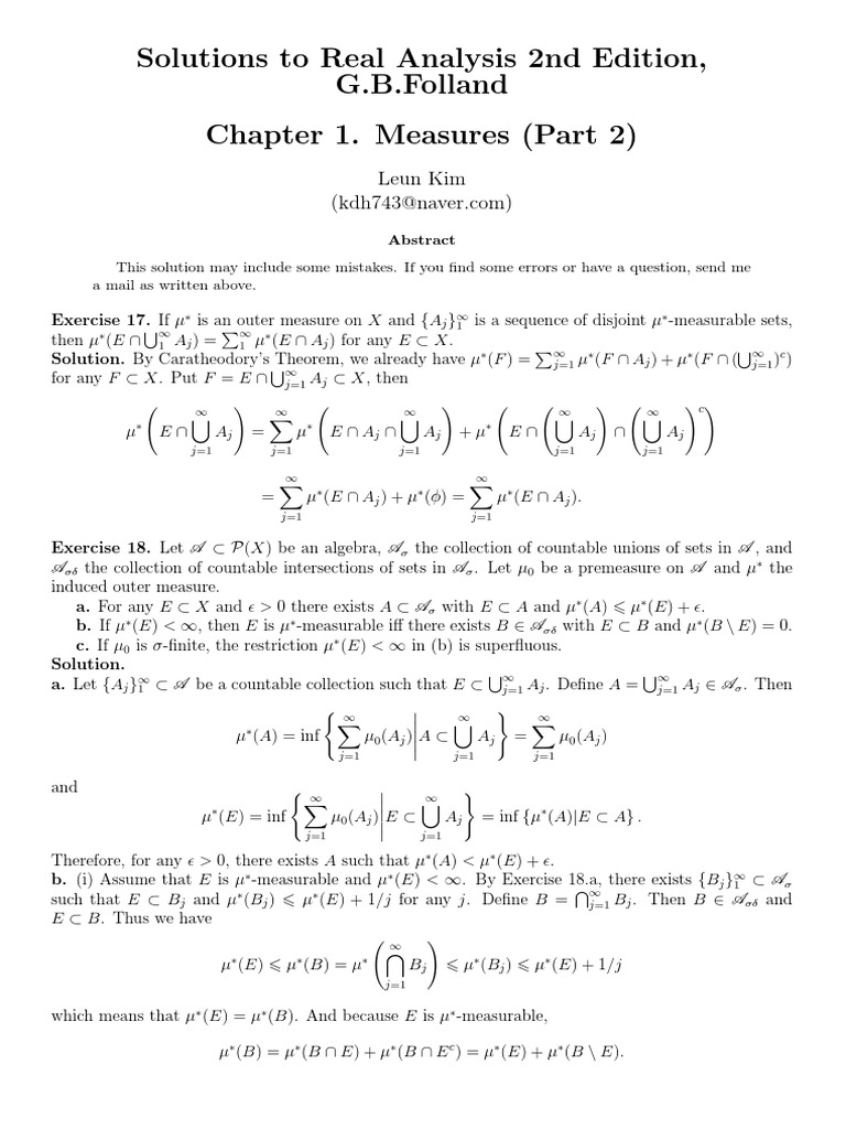 Solutions To Real Analysis 2nd Edition, G.B.Folland Chapter 1. Measures (Part 2) | PDF | Measure ...
