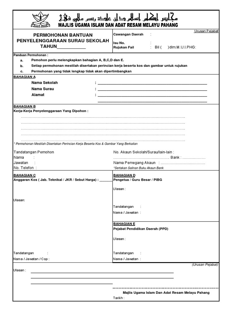 Borang Permohonan Bantuan Penyelenggaraan Surau Sekolah Pdf Pdf