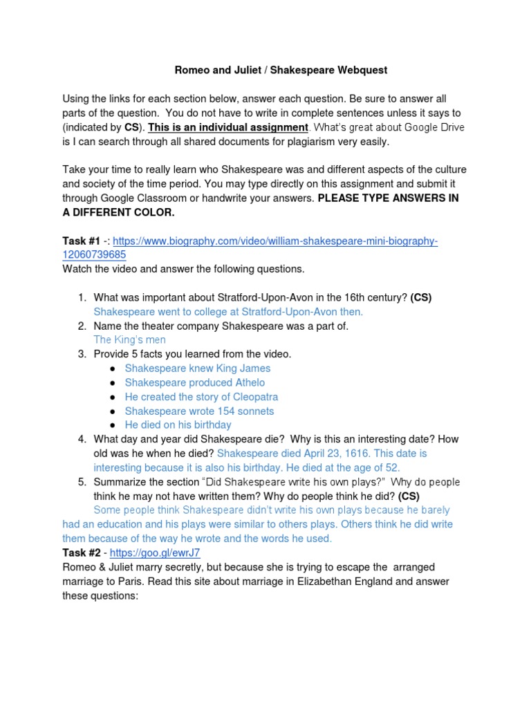 Shakespeare's Romeo and Juliet Webquest | PDF | Characters In Romeo And ...