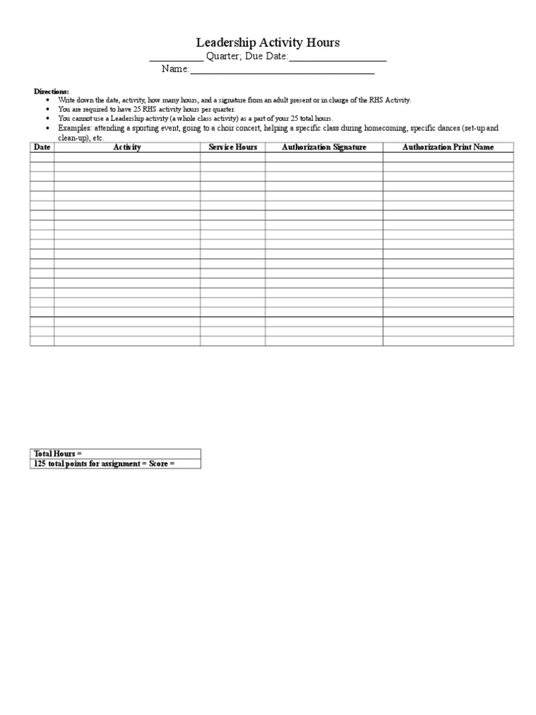 Leadership Activity Hours Log | PDF | Leisure | Entertainment (General)