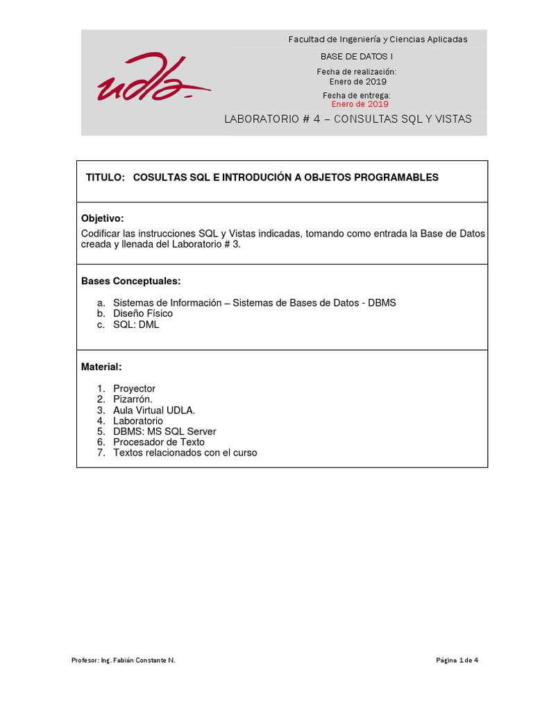 Laboratorio 4 Consultas SQL - Vistas | PDF | SQL | Bases de datos