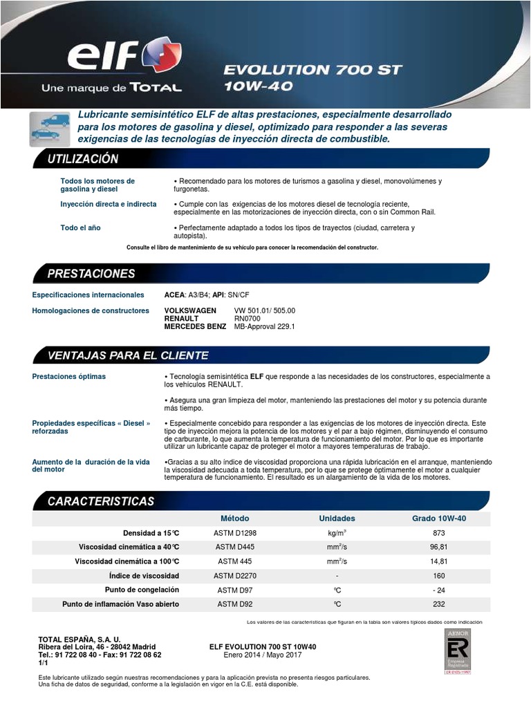ELF - Evolution 700 ST 10W-40 | PDF | Motor diesel | Lubricante