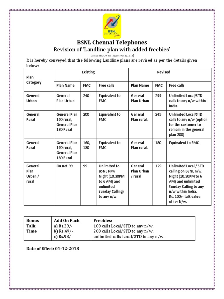 Revision of Landline Plan With Added Freebies': BSNL Chennai Telephones ...