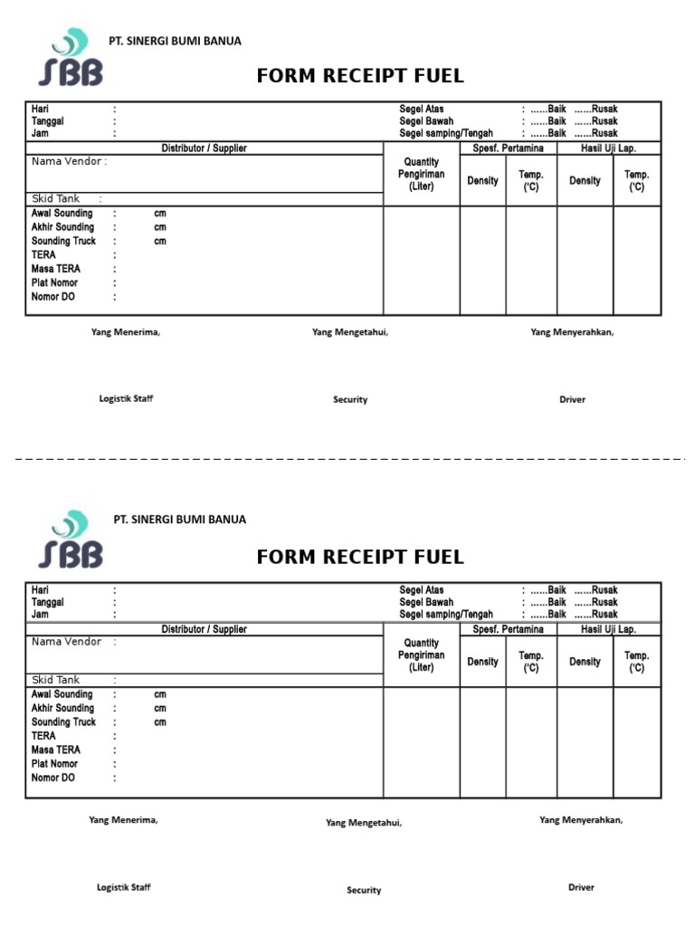 Form Receipt Fuel (Penerimaan BBM Solar) | PDF