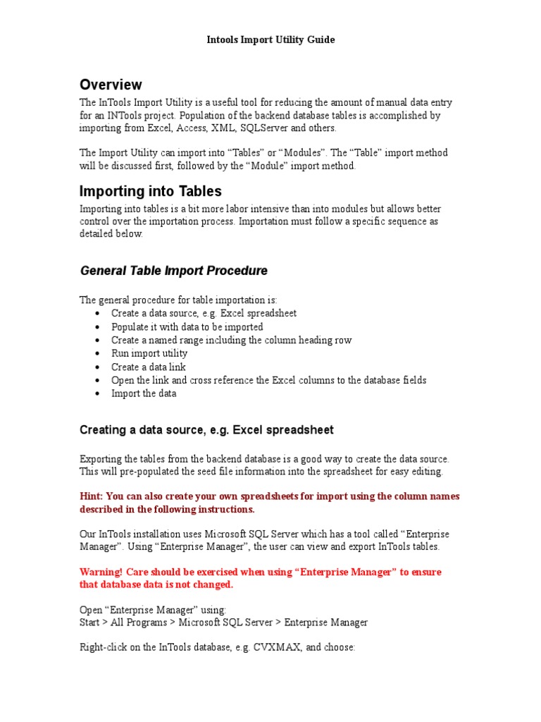 InTools Import Utility Guide | PDF | Databases | Microsoft Excel